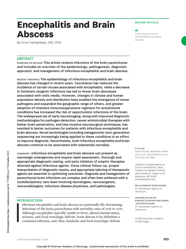 Venkatesan Encephalitis and Brain Abscess | PDF | Infection | Neurology