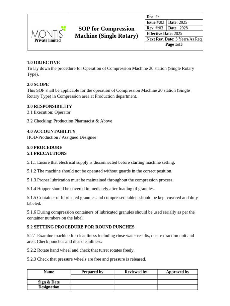 SOP for Compression Machine (Single Rotary) | PDF | Tablet (Pharmacy ...