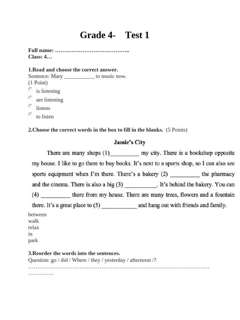 Kỳ 2 Wonder World Grade 4 Test 1 | PDF | Linguistics | Syntax