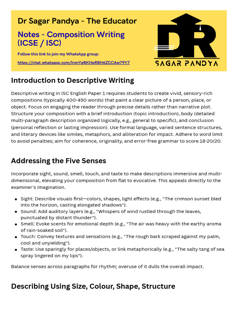 3. ICSE ISC - Descriptive Composition Writing by Dr Sagar Pandya - The Educator | PDF