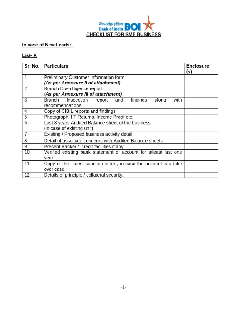 Check List- SME Leads (1) | PDF | Balance Sheet | Banks