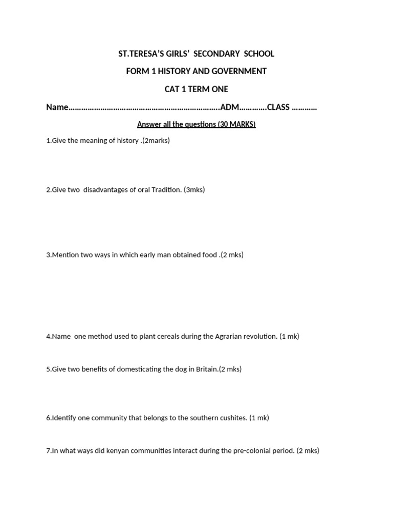 Cat 1histotry Form One | PDF