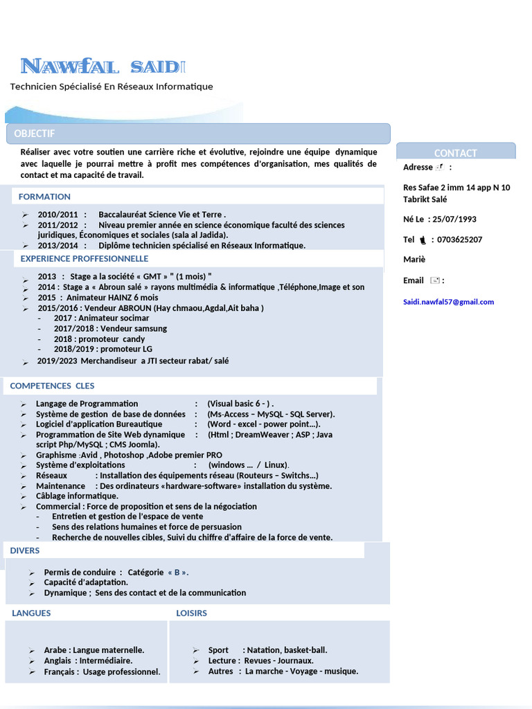 Technicien Réseaux Informatique - CV NAWfAL | PDF | Informatique ...