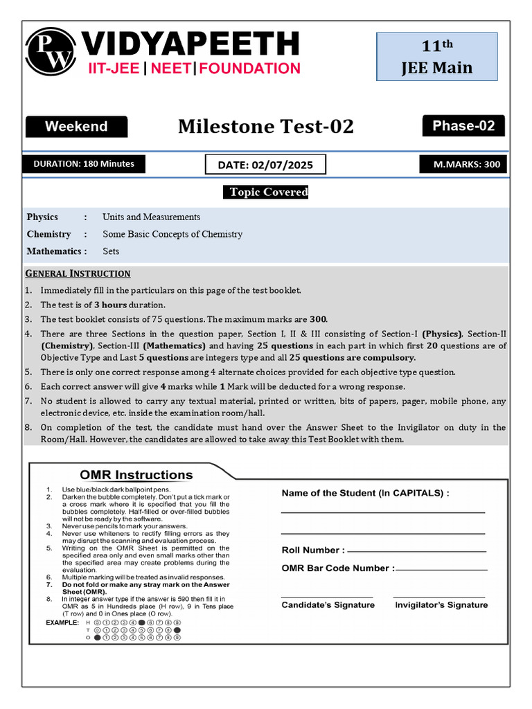 Milestone Test-02 Class-11th Phase-02 Main 02-07-2025 Question Weekend ...
