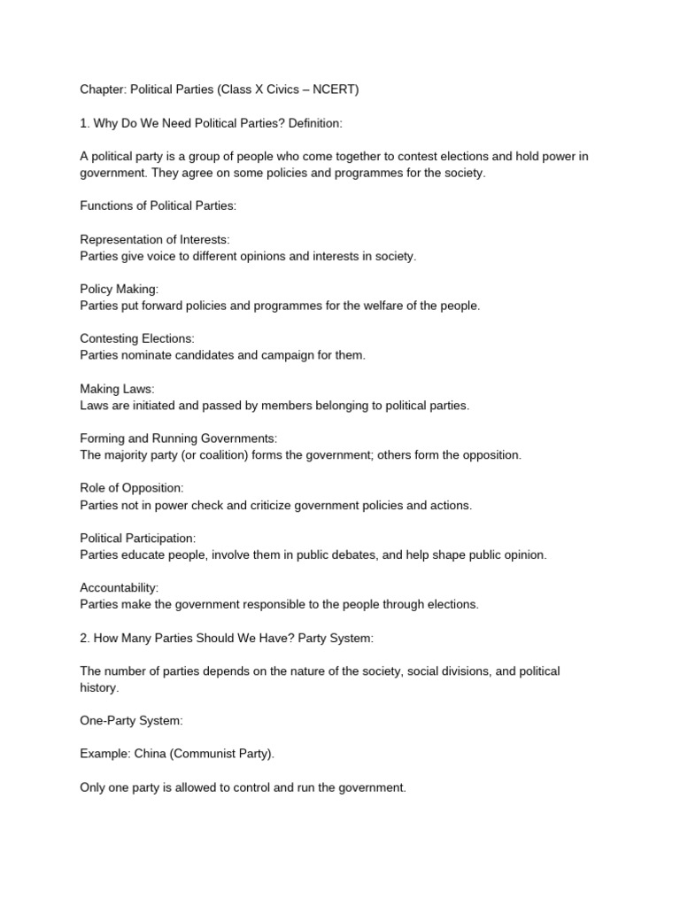 Chapter- Political Parties (Class X Civics – NCERT) | PDF | Political ...