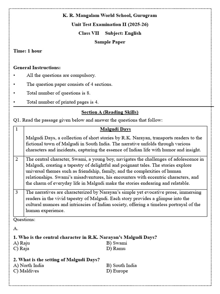 Class VII English Unit Test Sample Paper | PDF