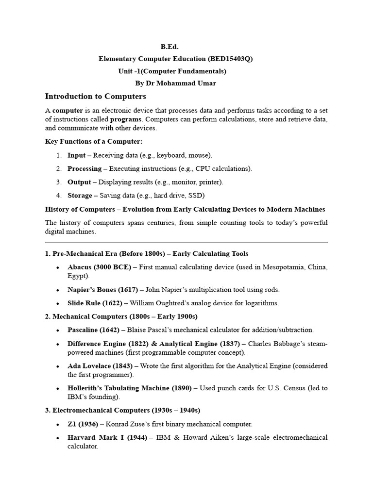 B.ed Elementary Computer Education (1) | PDF | Random Access Memory | Read Only Memory