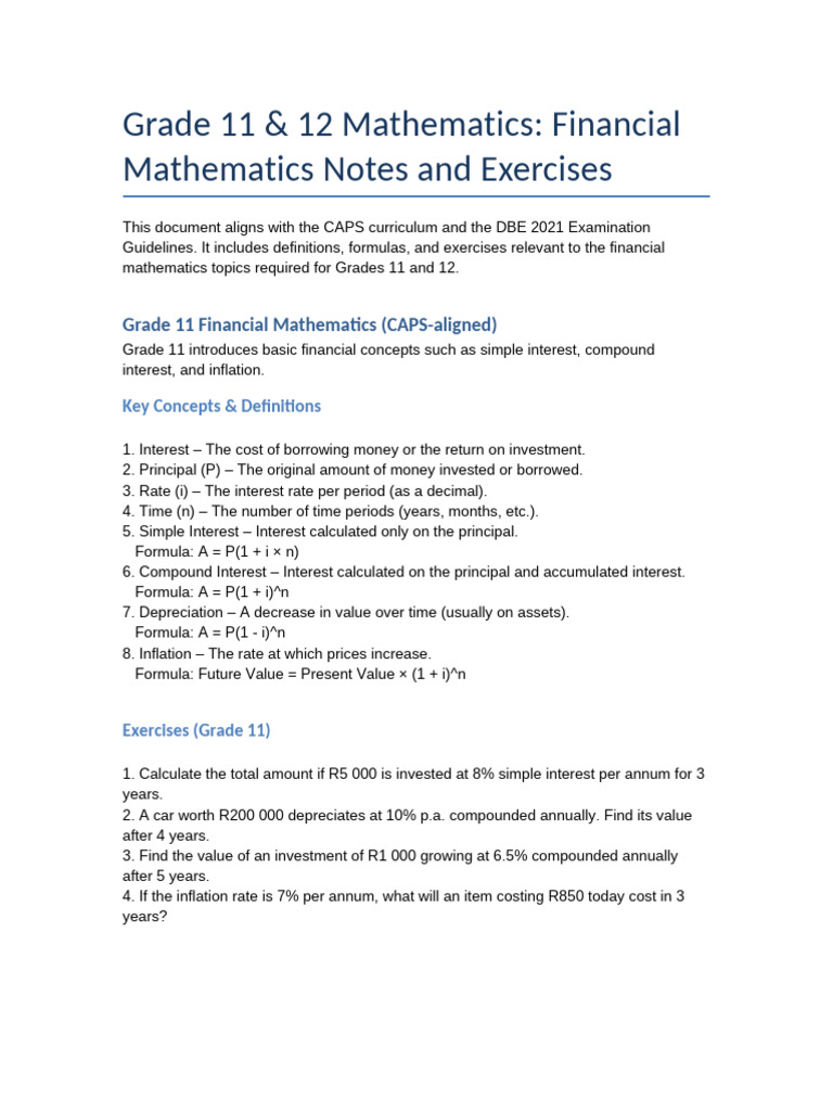 Grade 11 12 Financial Mathematics CAPS Aligned Notes | PDF | Present ...