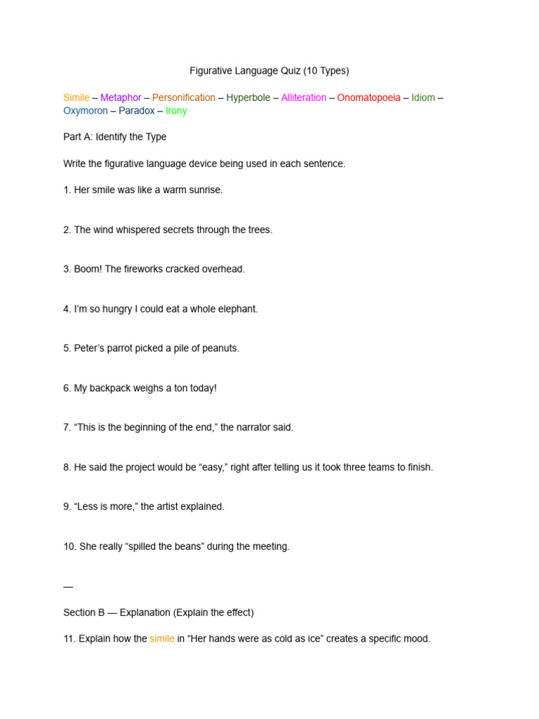 Figurative Language Quiz: 10 Types Explained | PDF