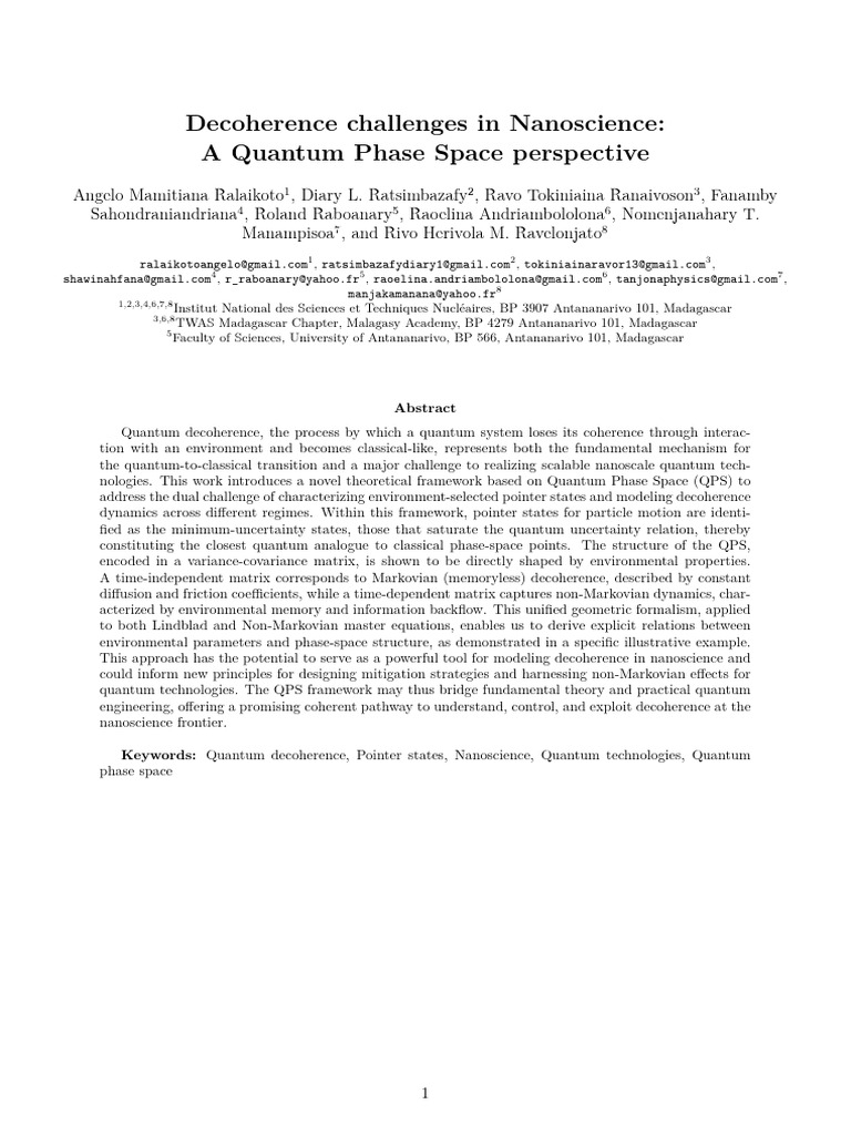Decoherence challenges in Nanoscience: A Quantum Phase Space ...