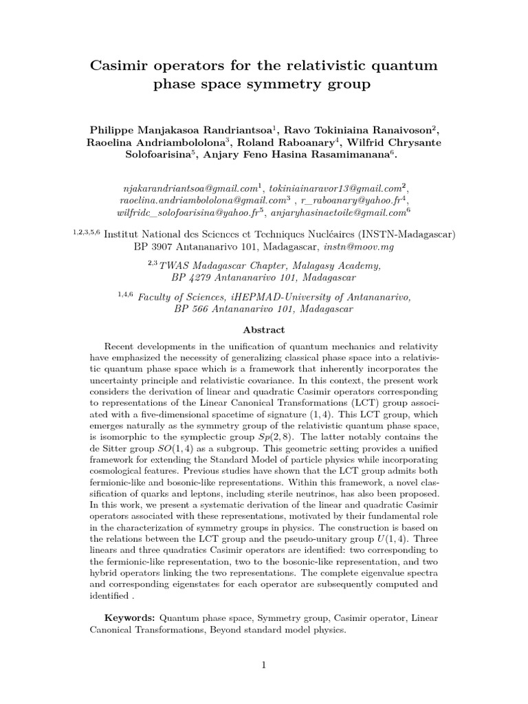Casimir Operators in Relativistic Quantum Phase Space | PDF | Standard ...