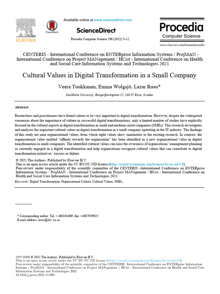 Cultural Values in Digital Transformation in a Sma 2022 Procedia ...