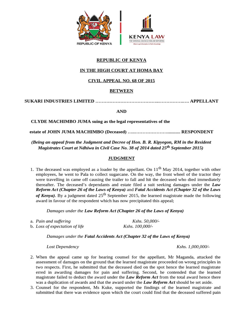 Sukari Industries Limited v Clyde Machimbo Juma 2016KEHC8728(KLR) | PDF ...