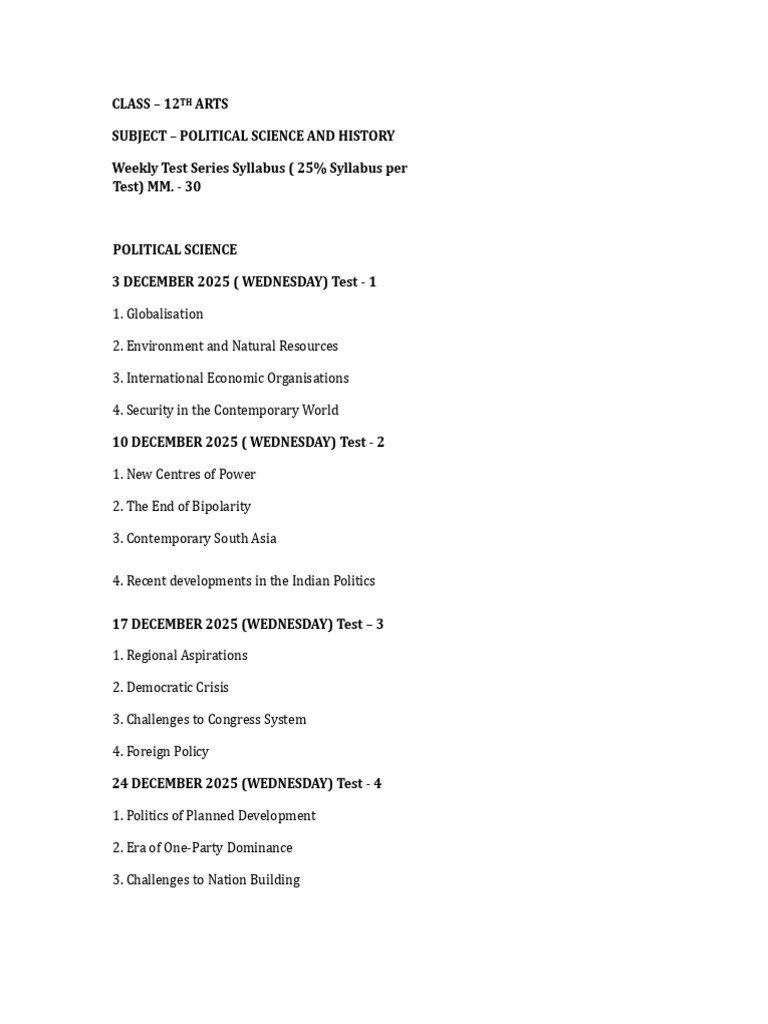 12th Pol Sci and History Test Series Dec. Syllabus | PDF