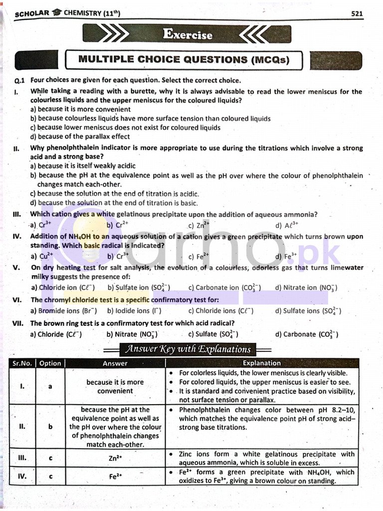 11th Class Chemistry Chapter 16 Exercise SQ | PDF