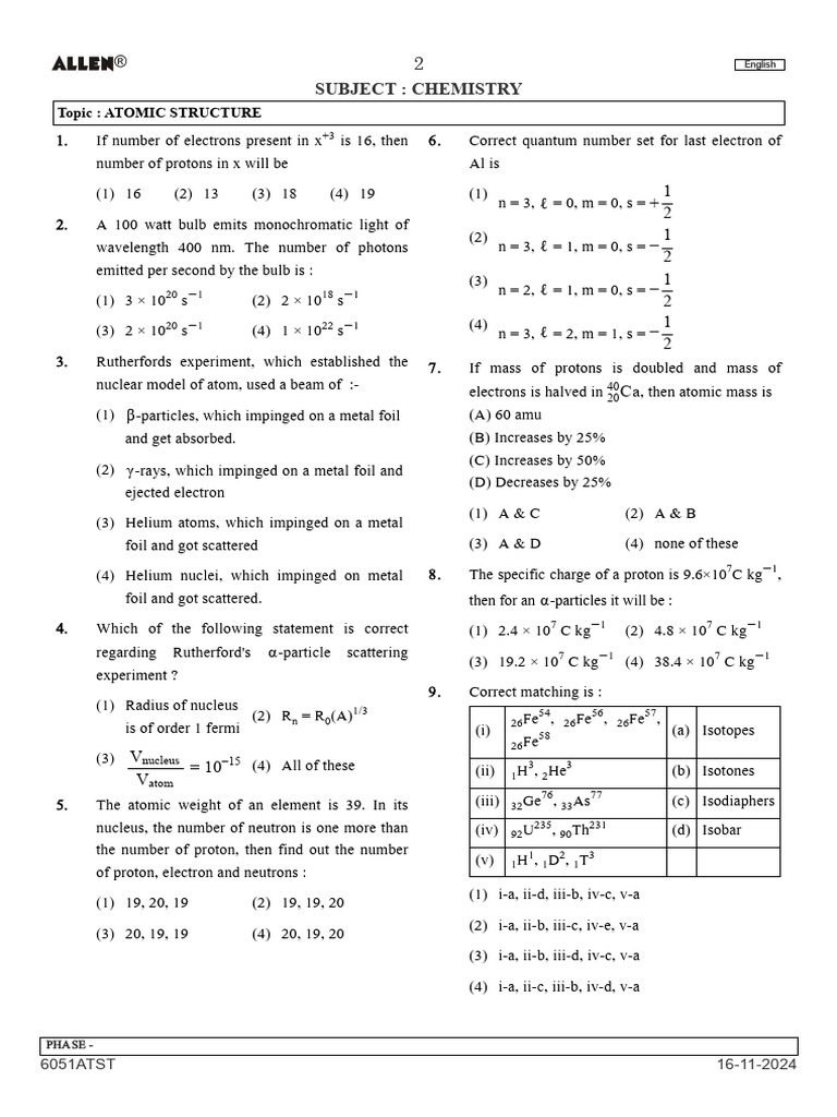 Atomic Structure -Allen | PDF | Atomic Nucleus | Atoms