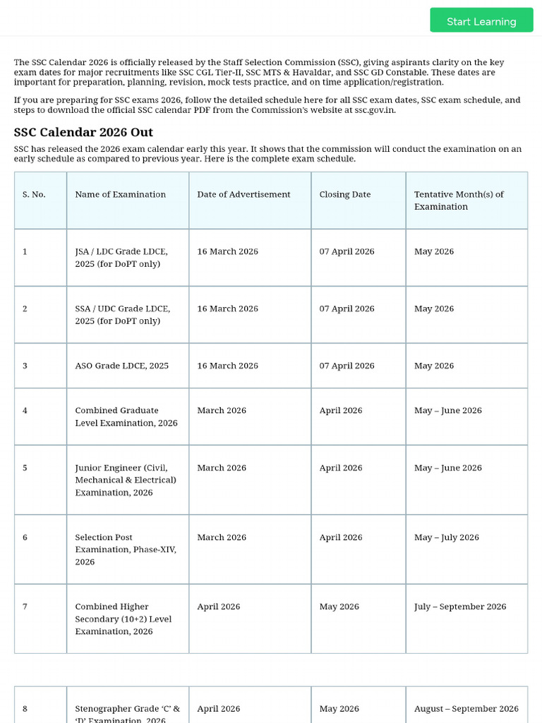 SSC Calendar 2026-27 Out @ssc.gov.in, Exam Schedule and Notification ...