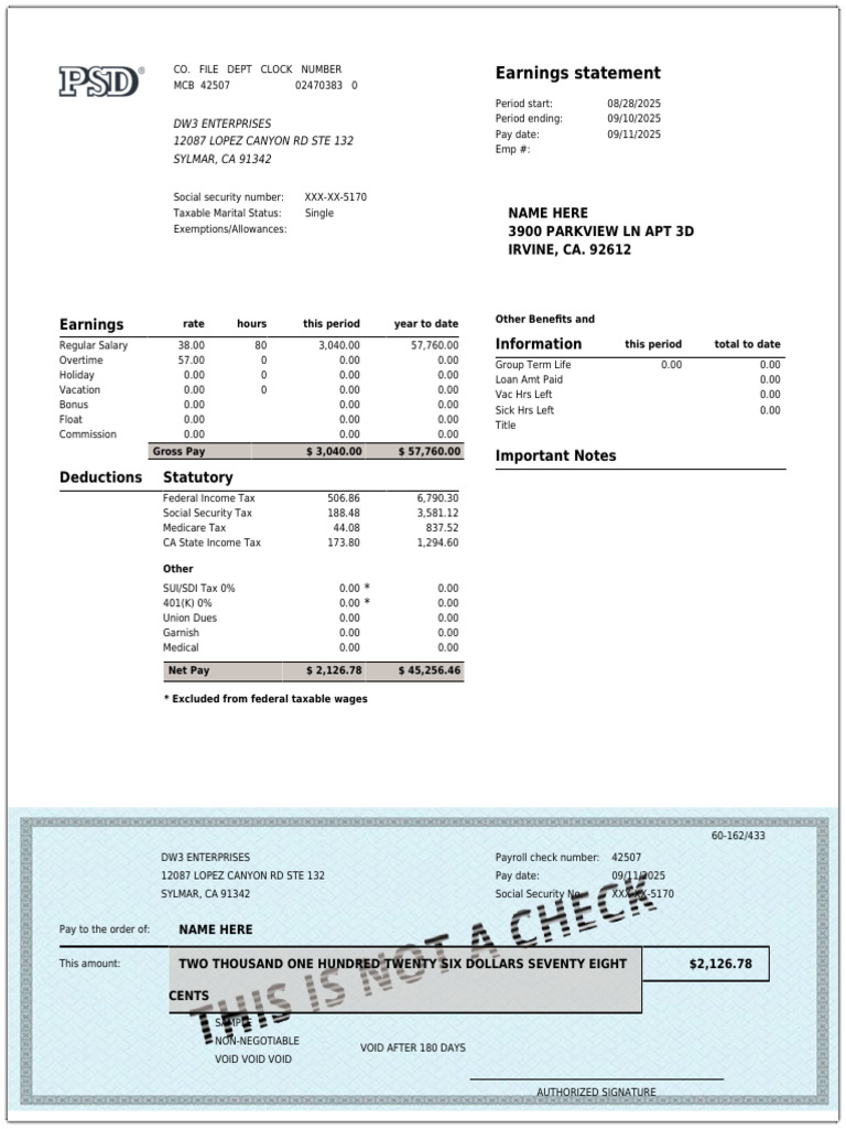 Name Here Group Paystub September 2025 5 - Copy | PDF | Payroll ...