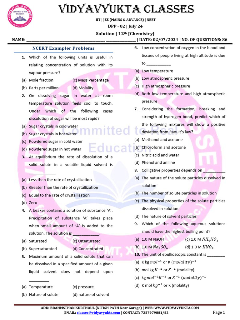 12th Chemistry (Assignment on Solution) | PDF | Osmosis | Solubility