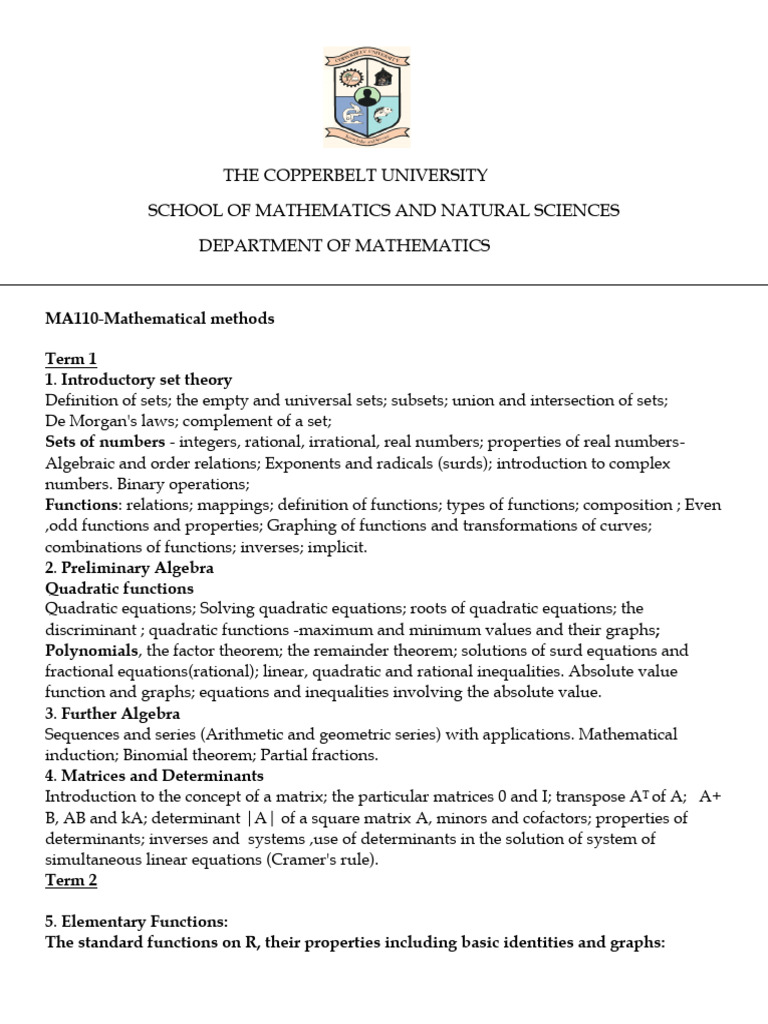 MA110 course outline | PDF | Function (Mathematics) | Determinant