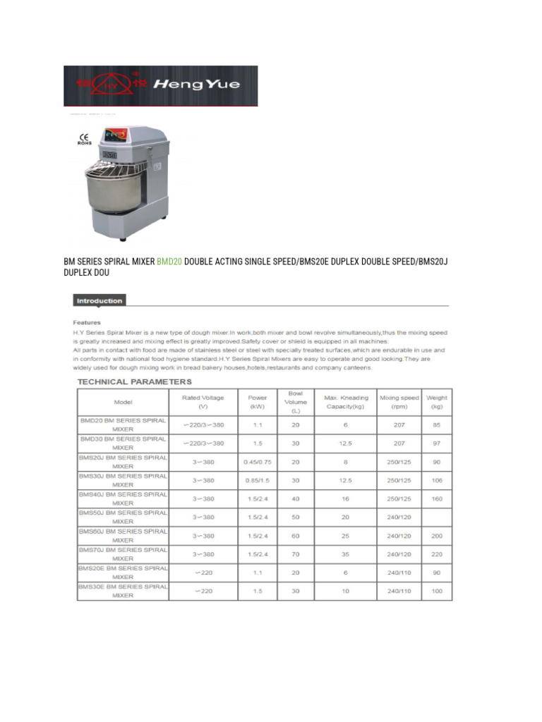 Bm Series Spiral Mixer Bmd20 Double Acting Single Speed Bmd20 | PDF