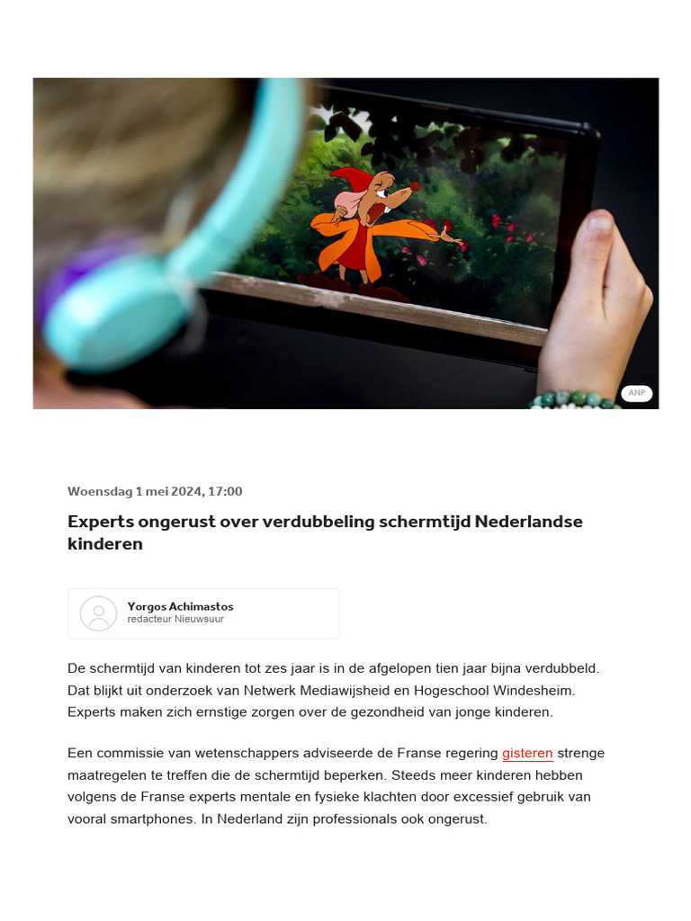 Experts Ongerust Over Verdubbeling Schermtijd Nederlandse Kinderen | PDF