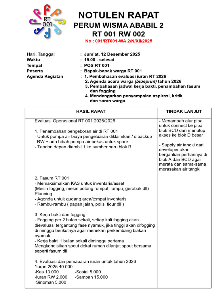 Notulen Rapat RT 001 Desember 2025 | PDF