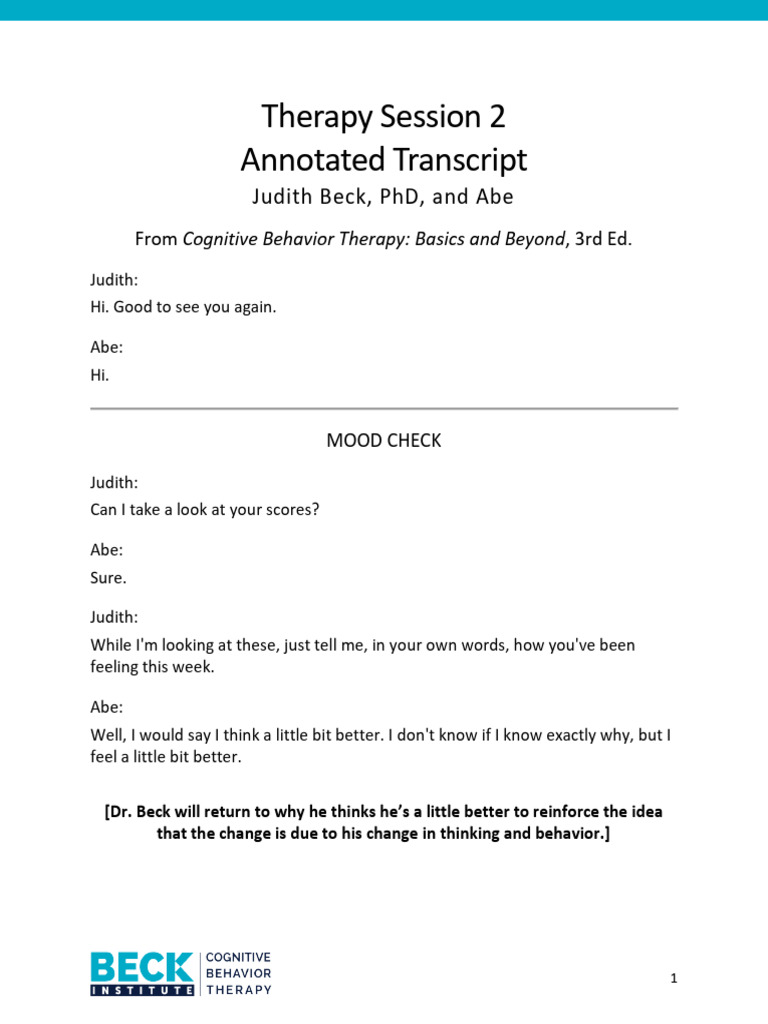 CBT Therapy Session Transcript Analysis | PDF | Thought | Beck