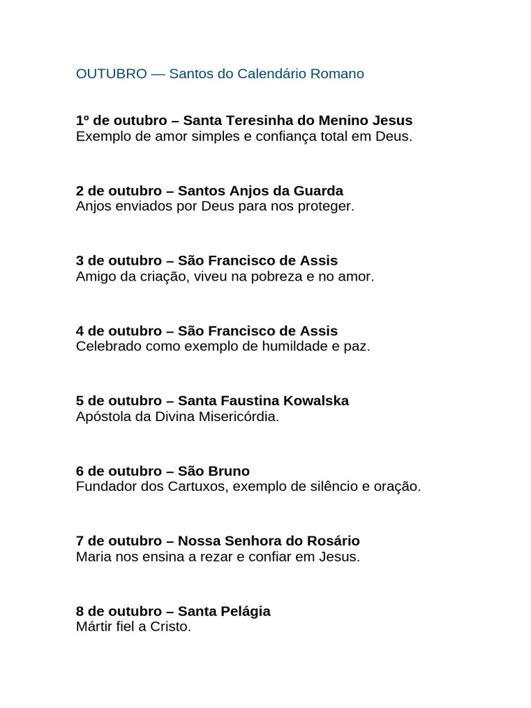 Santos Do Mês de Outubro Até Dezembro | PDF | Maria, mãe de Jesus | Papa