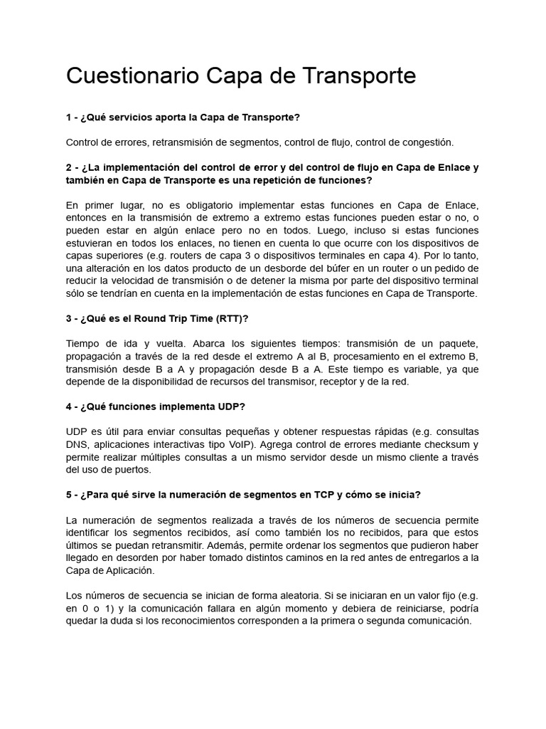 Cuestionario con Solución - Capa de Transporte | PDF | Protocolo de Control de Transmisión ...