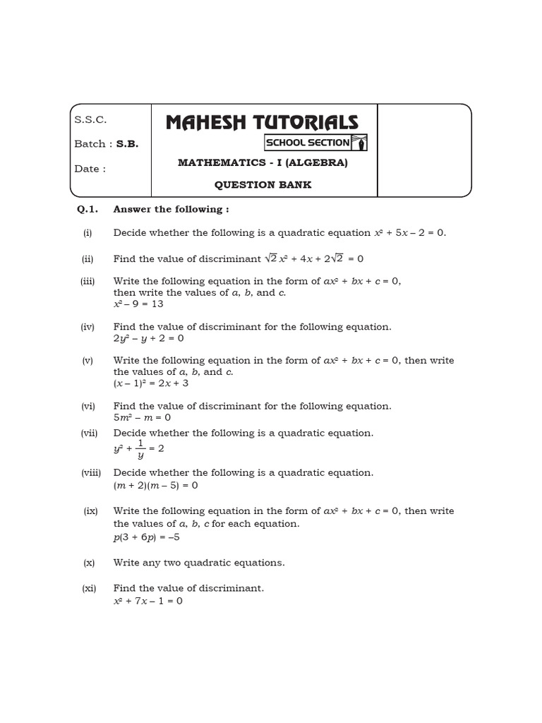 Algebra Chapter 2 Question Bank | PDF | Quadratic Equation | Mathematics