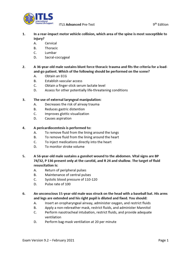 ITLS 9e Advanced Pre Test Version 9.2 (002) | PDF | Major Trauma ...