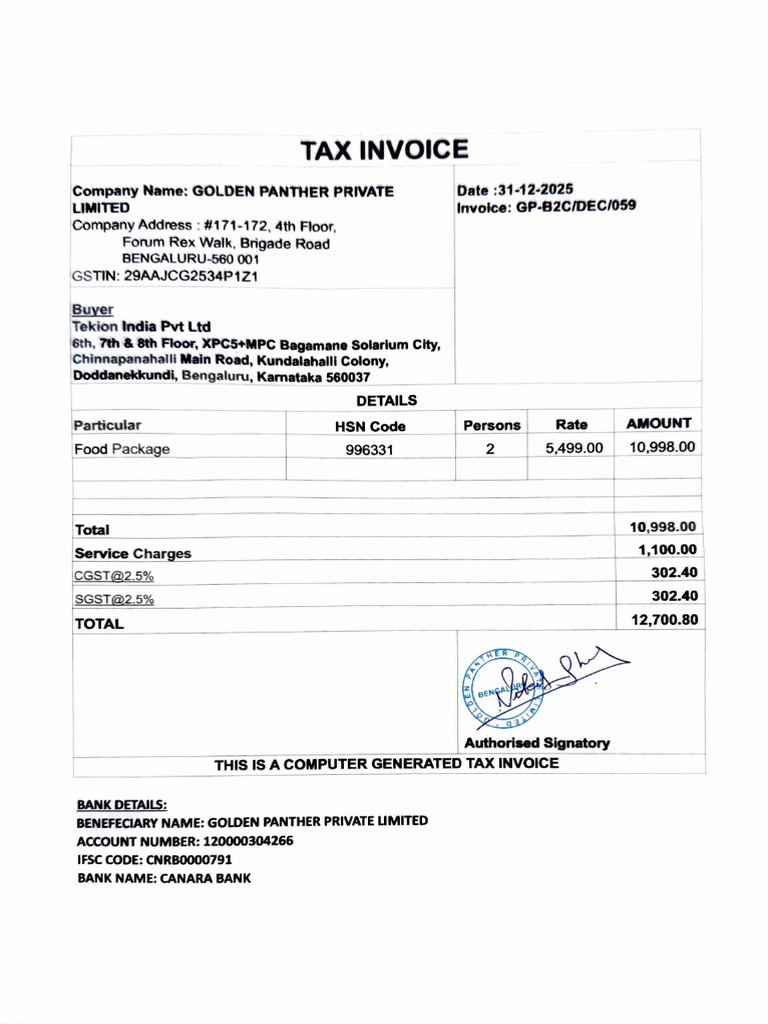 Tax Invoice from Golden Panther Pvt Ltd | PDF