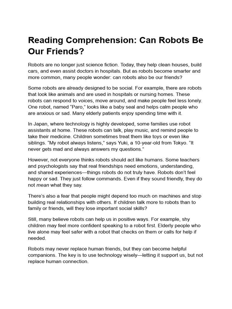 Reading Comprehension_ Can Robots Be Our Friends_ (1) | PDF | Robot ...