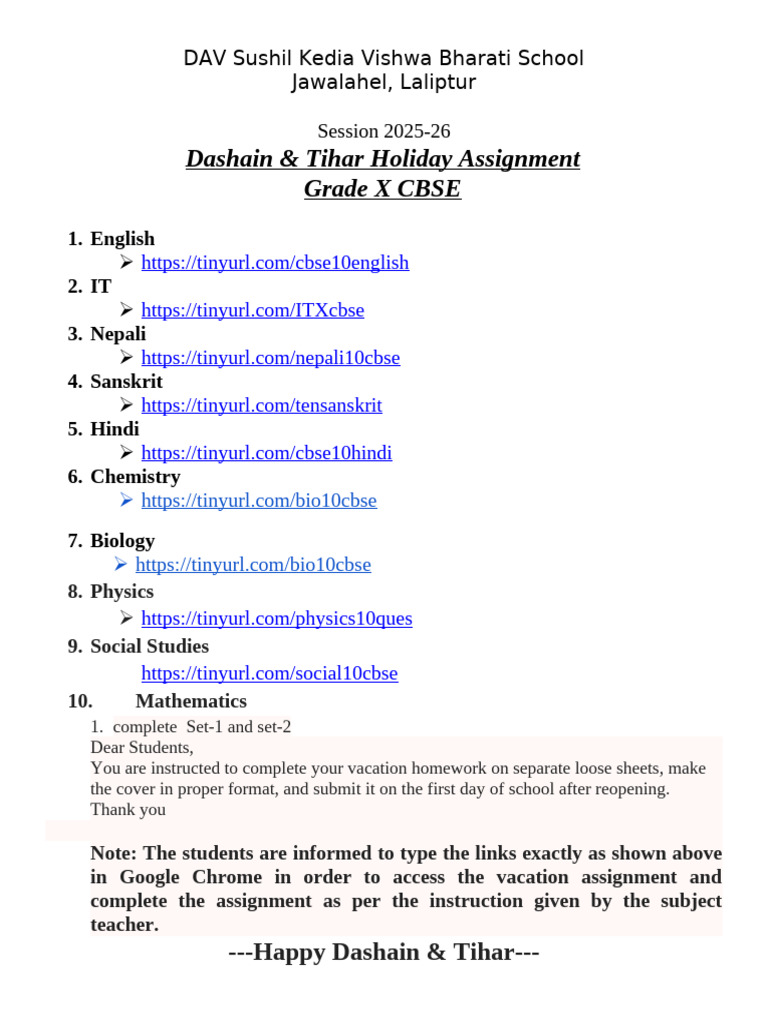 X CBSE Dashain & Tihar Homework 202526 (6) | PDF