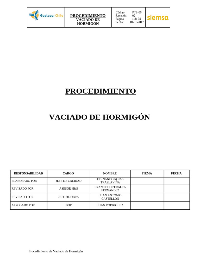 PTS-06 Procedimiento Vaciado de Hormigon_Rev.02 (Aprobado) | PDF | Hormigón | Topografía