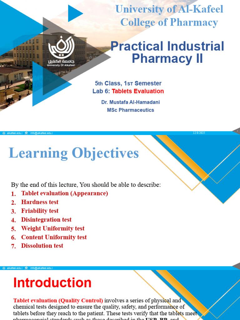 Lab. 6 Dr Mustafa Practical Industrial Pharmacy II 1 | PDF | Tablet ...