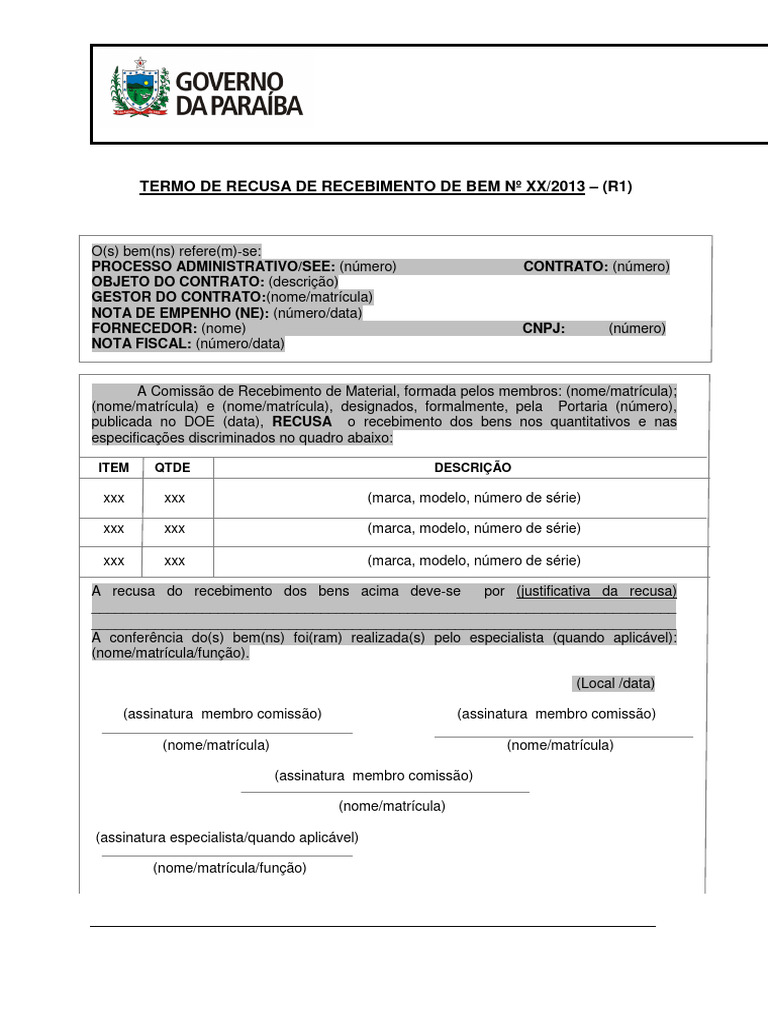 Termo de Recusa de Recebimento de Bem - r1 | PDF