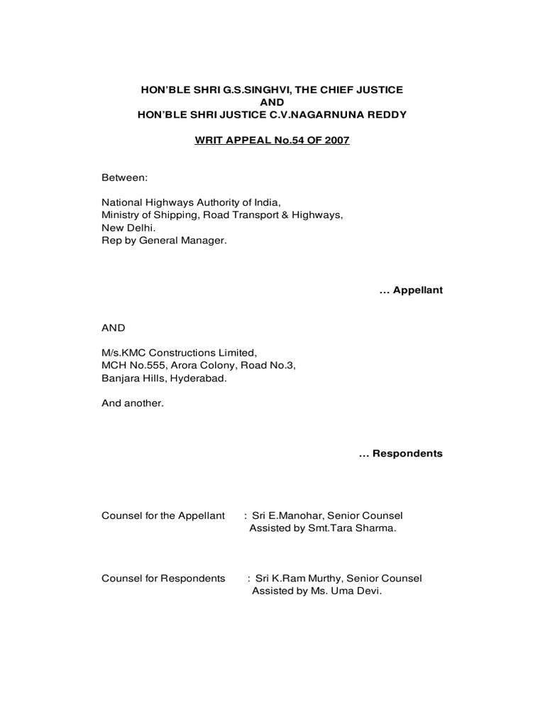 NHAI Vs KMC Construction Limited | PDF | Arbitration | Appeal