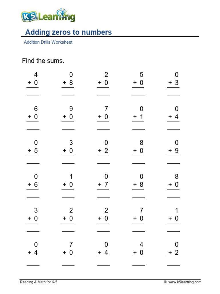 K-5 Addition Drills: Adding Zeros | PDF