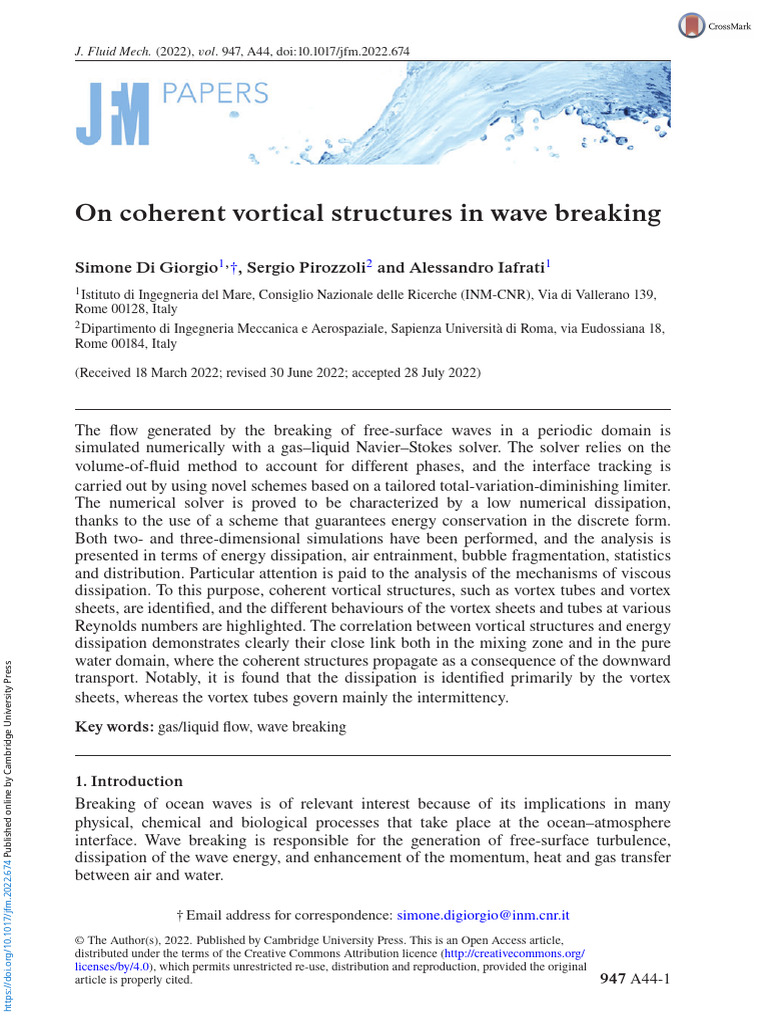 Simone JFM 2022 on Coherent Vortical Structures in Wave Breaking | PDF ...