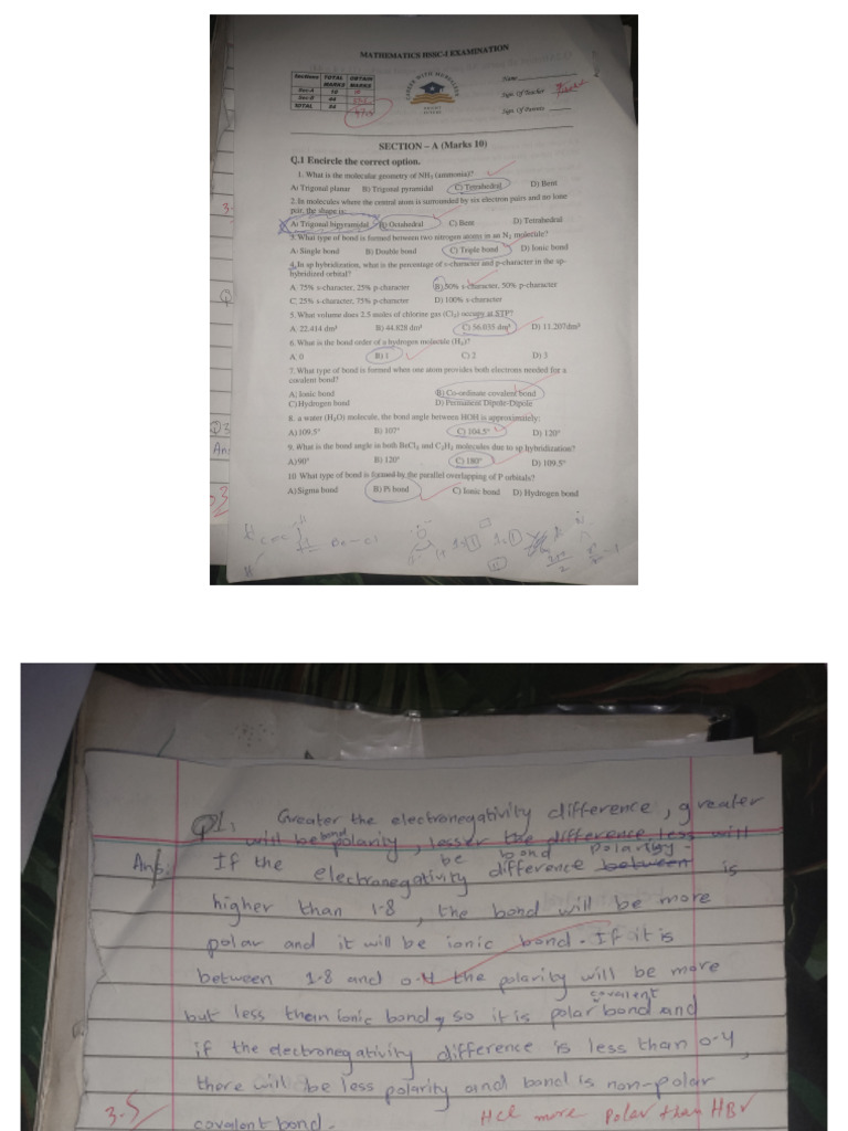 Chemistry Class 11th Chapter 3 and 4 Test | PDF