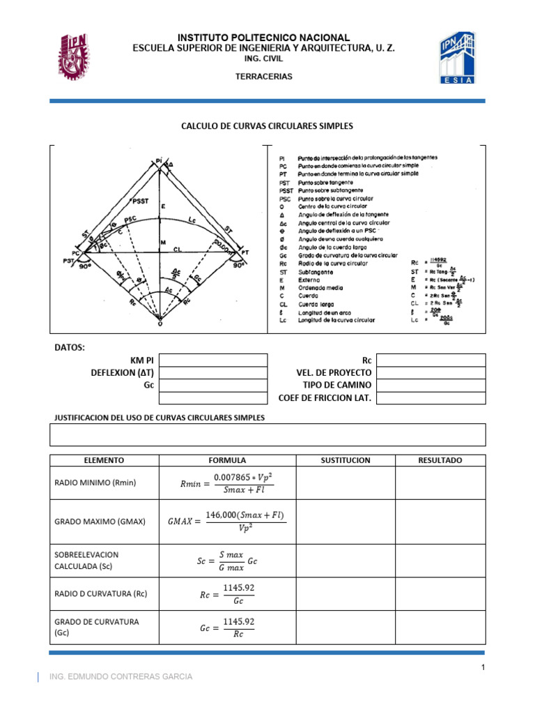 CALCULO DE CURVAS CIRCULARES SIMPLES FORMATO 1 | PDF | Geometría ...