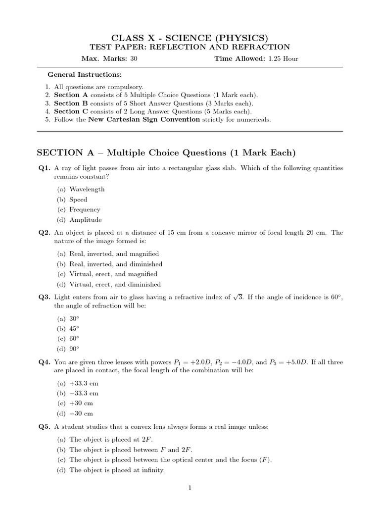 Class X Physics Test: Reflection & Refraction | PDF | Glass Engineering ...