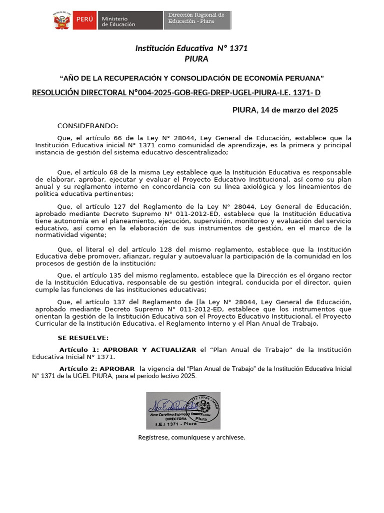 Plan Anual de Trabajo 2025 I.E. 1371 Piura | PDF | Educación de la ...