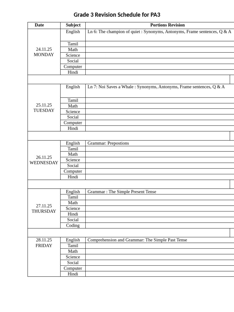 Grade 3 Revision Schedule PA3(Englsih) (1) | PDF
