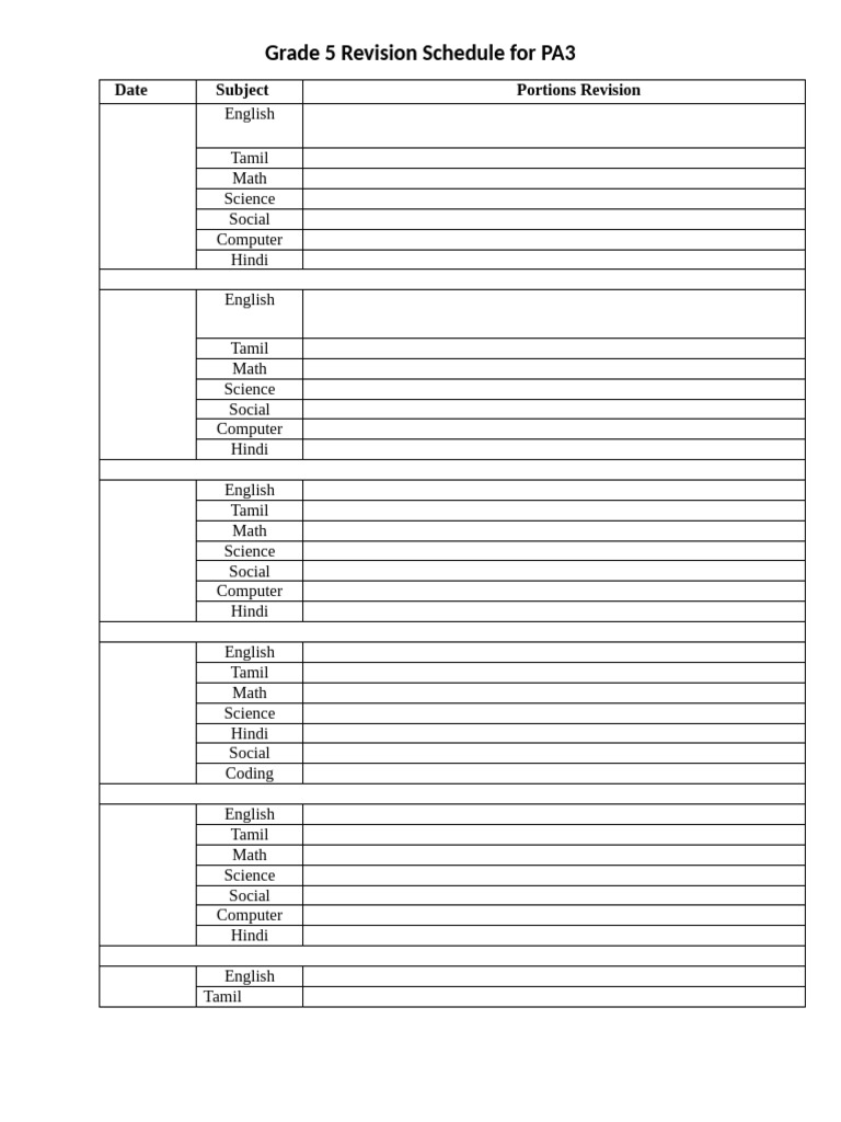 Grade 3 Revision Schedule PA3 | PDF
