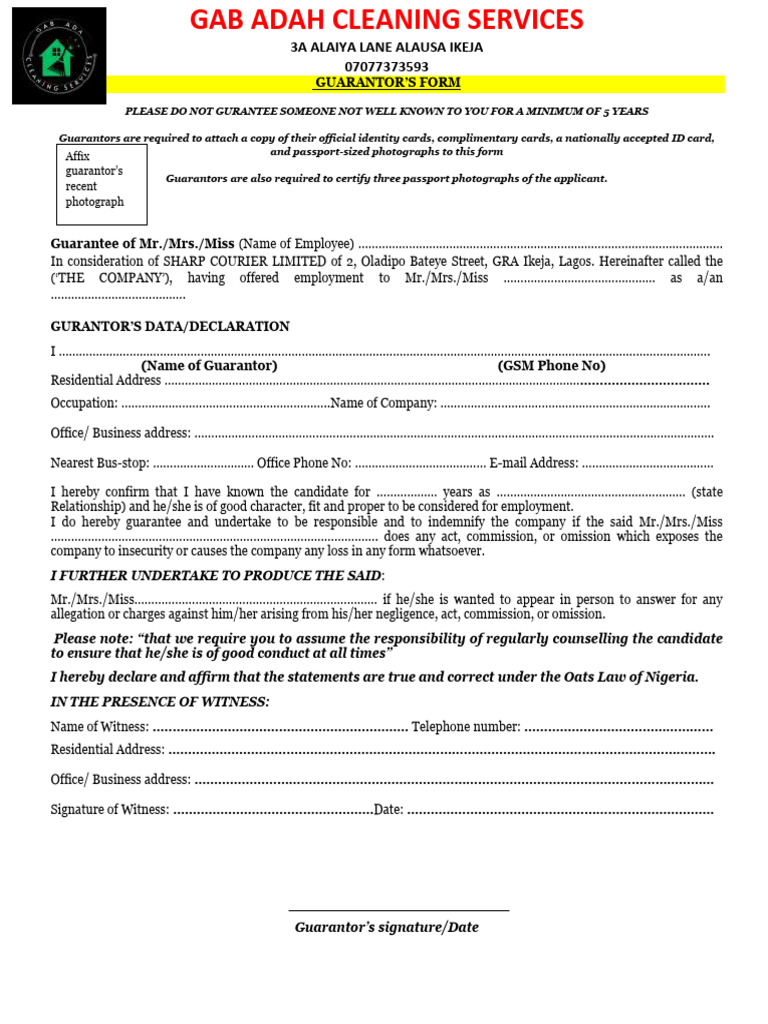 Guarantor's Form for Employment Verification | PDF | Authentication