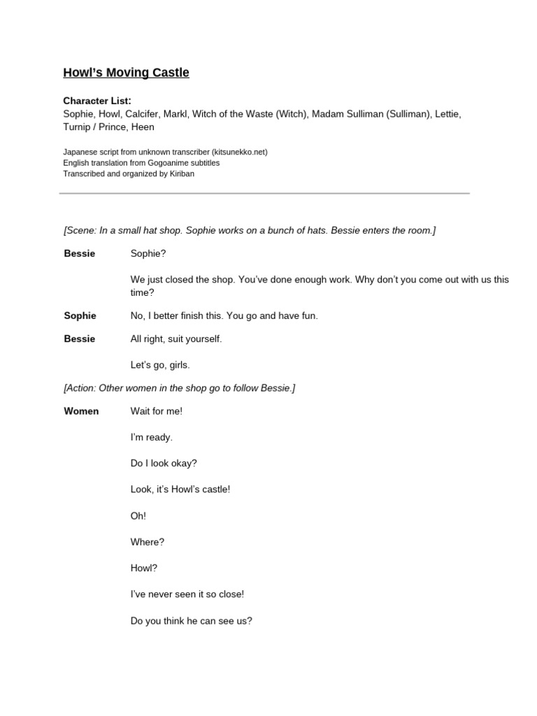 Howl's Moving Castle Character Scenes | PDF