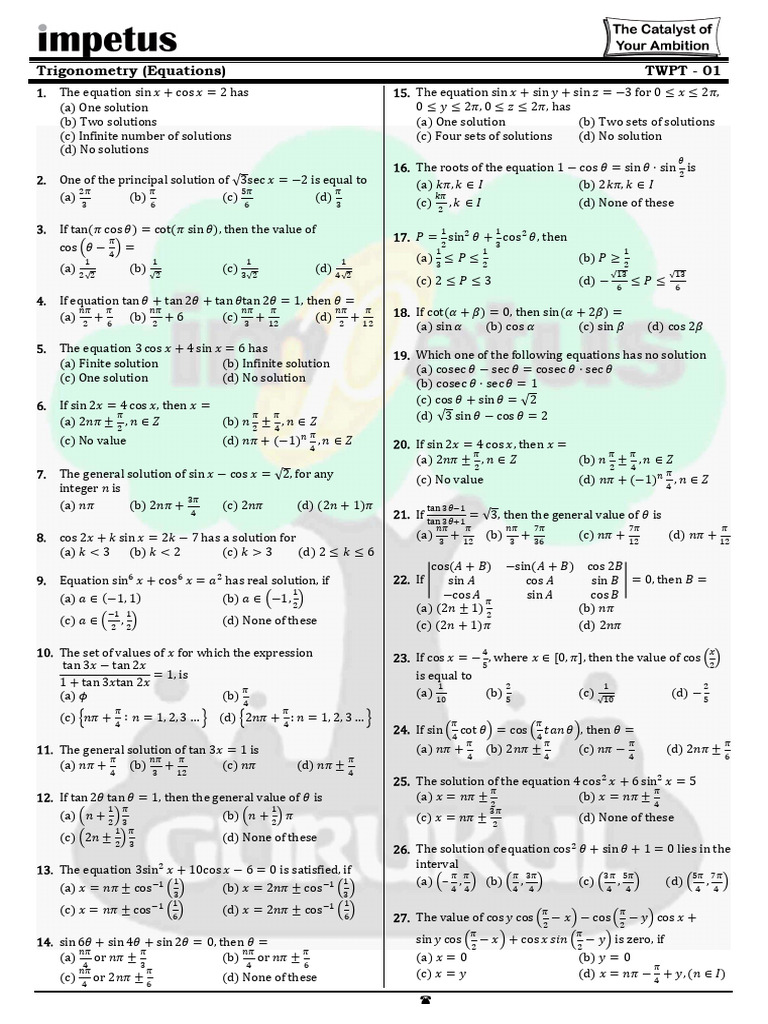 TWPT - Trigonometry (Equation) - 01 | PDF | Square Root | Equations